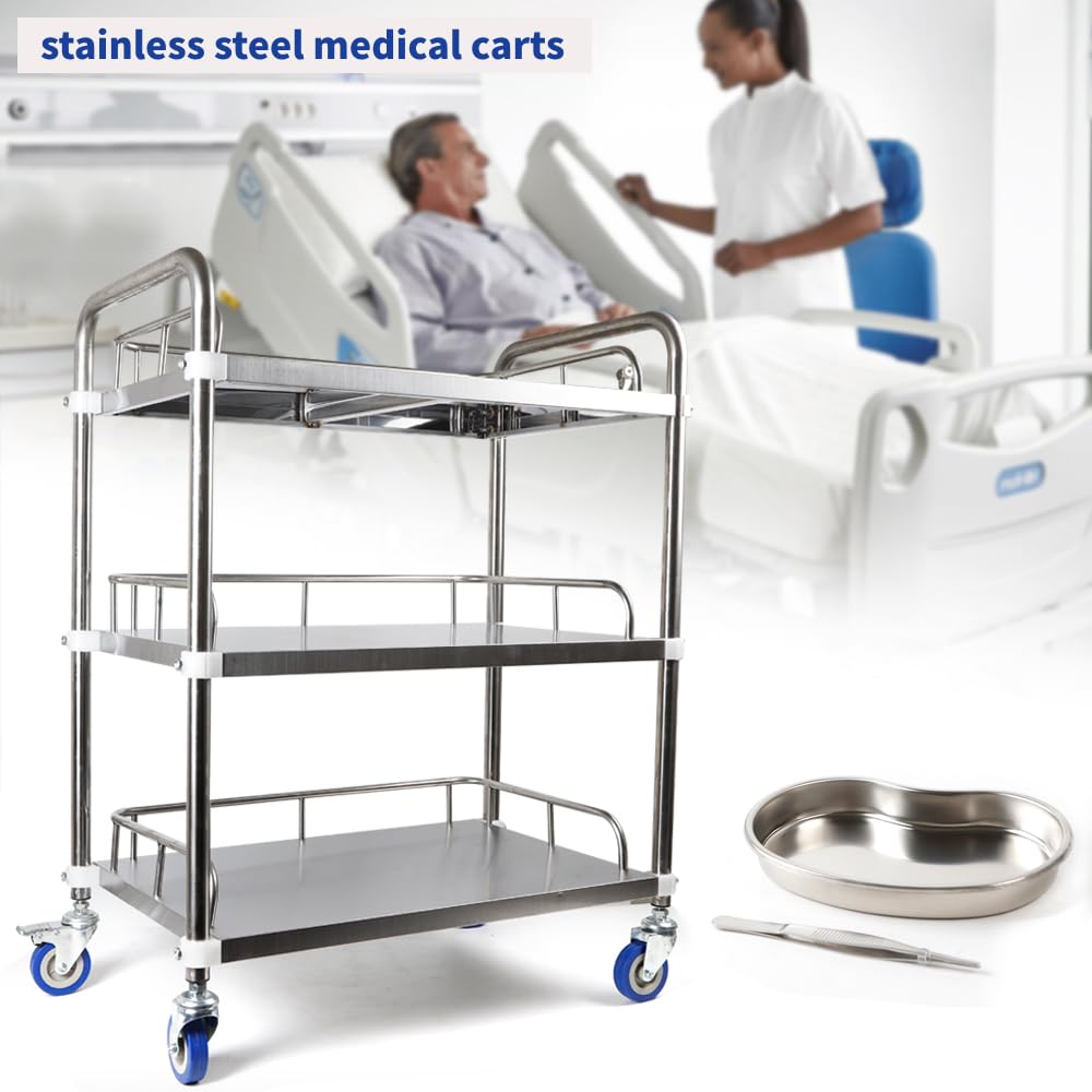 3 Layers Cart Trolley,Lab 3 Layers Clinic Serving Cart Trolley Medical Cart Stainless Steel Serving Lab Cart Equipment Clinic's Kitchen Mobile Utility Rolling Carts with Wheel