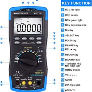 Digital Multimeter AP-770D TRMS 40000Counts Multimeter Tester Autoranging Voltmeter Ammeter with High Precision for NCV AC/DC Voltage Current Resistance Capacitance Frequency Diodes hFE Temperature