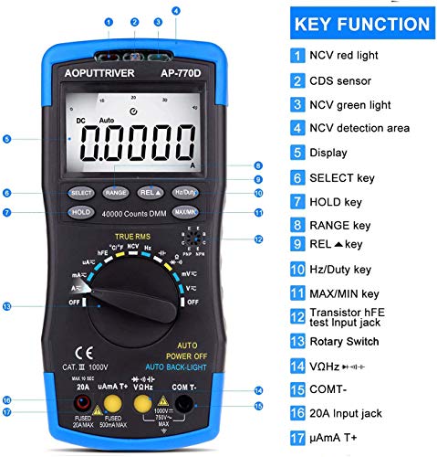 Digital Multimeter AP-770D TRMS 40000Counts Multimeter Tester Autoranging Voltmeter Ammeter with High Precision for NCV AC/DC Voltage Current Resistance Capacitance Frequency Diodes hFE Temperature