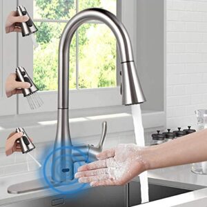 motion sensor automatic kitchen faucet touchless, monbar pull down single handle one/3 hole 3 setting sprayer brushed nickel solid brass kitchen faucets spot free lead-free