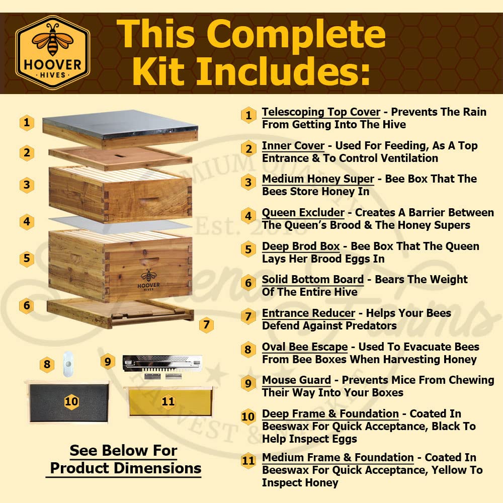 Hoover Hives 10 Frame Bee Hive Starter Kit for Bee Keepers - Langstroth Beehive Kit Comes with 2 Honey Bee Hives Boxes That are Coated in 100% Naturally Organic Beeswax (Unassembled)