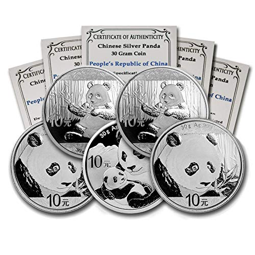 2016 - Present (Random Year) Lot of (5) 30 Gram Chinese Silver Panda with Certificates of Authenticity 10 Yuan ¥10 BU