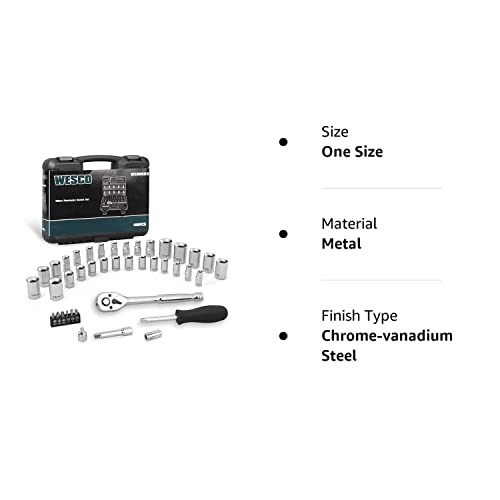 Wesco 40 Pieces 1/4 and 3/8 in Ratcheting Wrench and CRV Drive Sockets Set with Screwdriver Bits, Adapters and Storage Case, Metric and SAE Sizes Mechanic Tool Set for Auto Repair and Home Maintenance