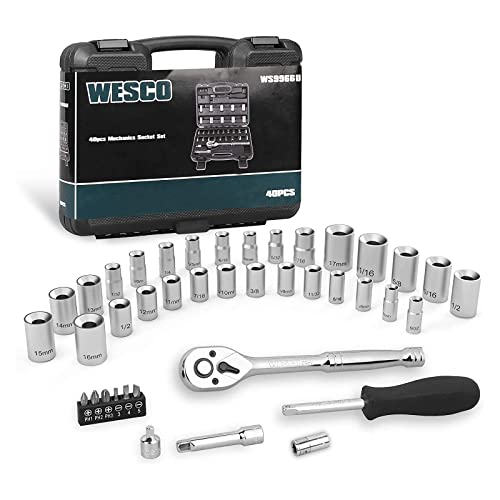 Wesco 40 Pieces 1/4 and 3/8 in Ratcheting Wrench and CRV Drive Sockets Set with Screwdriver Bits, Adapters and Storage Case, Metric and SAE Sizes Mechanic Tool Set for Auto Repair and Home Maintenance