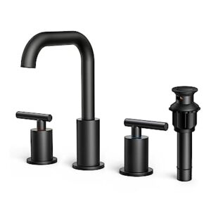 Two Handle Black Bathroom Faucet 3 Hole, FORIOUS Matte Black Faucet Bathroom with Metal Drain, Three Hole Faucet for Bathroom Sink Black, 8 inch Widespread Bathroom Faucet Black, Black Vanity Faucet