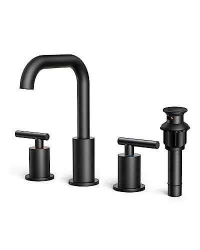 Two Handle Black Bathroom Faucet 3 Hole, FORIOUS Matte Black Faucet Bathroom with Metal Drain, Three Hole Faucet for Bathroom Sink Black, 8 inch Widespread Bathroom Faucet Black, Black Vanity Faucet