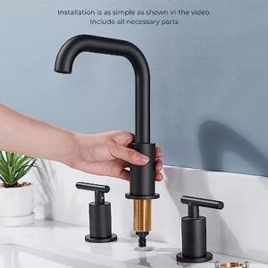 Two Handle Black Bathroom Faucet 3 Hole, FORIOUS Matte Black Faucet Bathroom with Metal Drain, Three Hole Faucet for Bathroom Sink Black, 8 inch Widespread Bathroom Faucet Black, Black Vanity Faucet