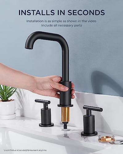 Two Handle Black Bathroom Faucet 3 Hole, FORIOUS Matte Black Faucet Bathroom with Metal Drain, Three Hole Faucet for Bathroom Sink Black, 8 inch Widespread Bathroom Faucet Black, Black Vanity Faucet