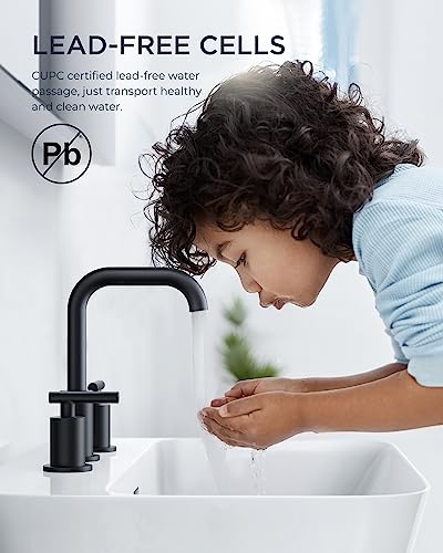 Two Handle Black Bathroom Faucet 3 Hole, FORIOUS Matte Black Faucet Bathroom with Metal Drain, Three Hole Faucet for Bathroom Sink Black, 8 inch Widespread Bathroom Faucet Black, Black Vanity Faucet