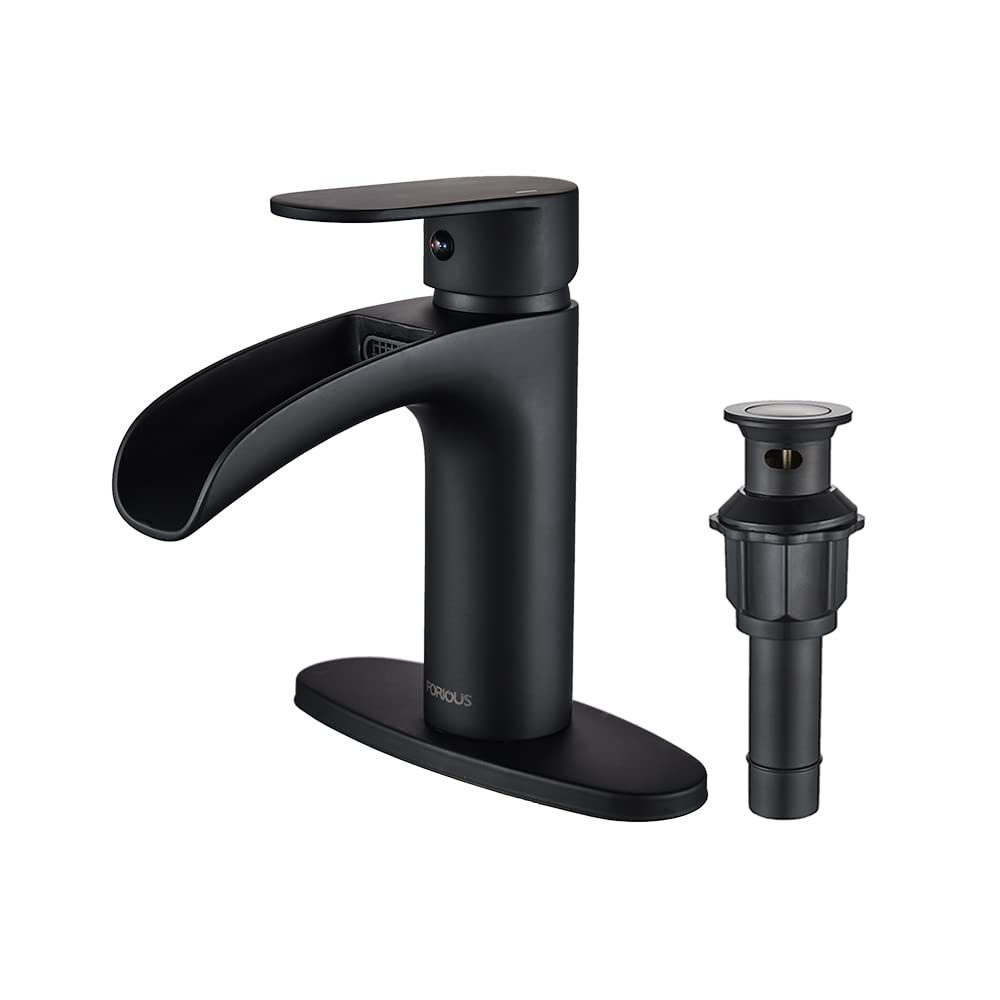 FORIOUS Matte Black Bathroom Faucet Single Handle with Metal Pop-up Drain Stopper, 6" Single Hole Waterfall Bathroom Faucet with Supply Line, RV Bathroom Sink Faucet Black, Black Lavatory Tap one Hole