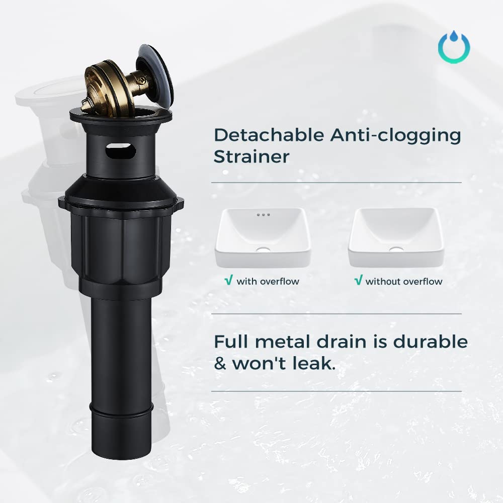 FORIOUS Matte Black Bathroom Faucet Single Handle with Metal Pop-up Drain Stopper, 6" Single Hole Waterfall Bathroom Faucet with Supply Line, RV Bathroom Sink Faucet Black, Black Lavatory Tap one Hole