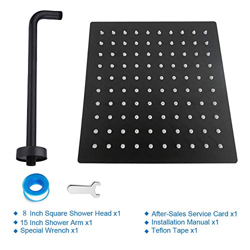 Rain Shower Head With Extension Arm, NearMoon Square Shower Heads, Large Stainless Steel Rainfall Showerhead-Waterfall Full Body Coverage (8 Inch Shower Head With 15 Inch Shower Arm, Matte Black)