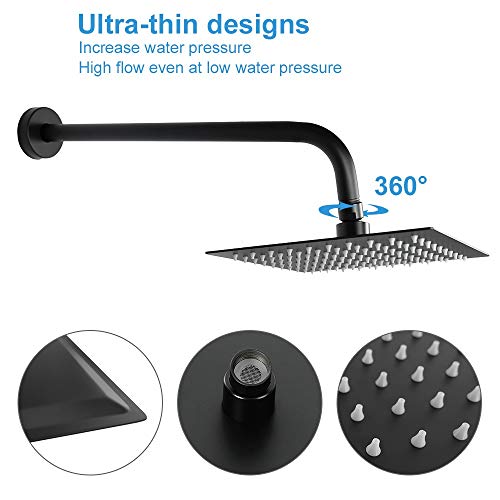 Rain Shower Head With Extension Arm, NearMoon Square Shower Heads, Large Stainless Steel Rainfall Showerhead-Waterfall Full Body Coverage (8 Inch Shower Head With 15 Inch Shower Arm, Matte Black)