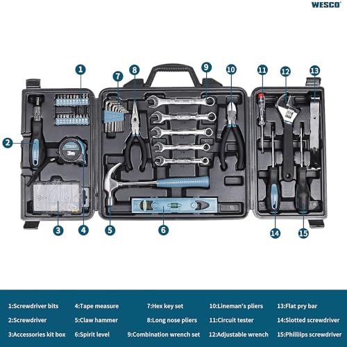 Tool Kit, Household Hand Tool Set, WESCO 144pcs Home Tool Kit with Portable Storage Case, Electrician Hand Tools Kit for Home