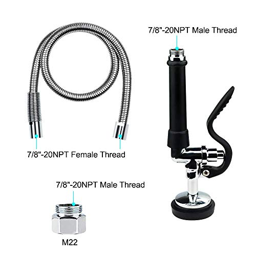 KWODE Pre-Rinse Hose with Spray Valve 44 Inch Flexible Stainless Hose with Sprayer Nozzle Head Replacement Kit for Commercial Kitchen Sink Faucet(Free Brass Adapter to Connect Add-on Swivel Spout)