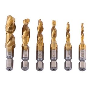 6pcs Drill and Tap, M-etric Thread Tap M3-M10 T-itanium Coated HSS Drill and Tap Bits 1/4" Hex Shank Screw Taps Tool Set