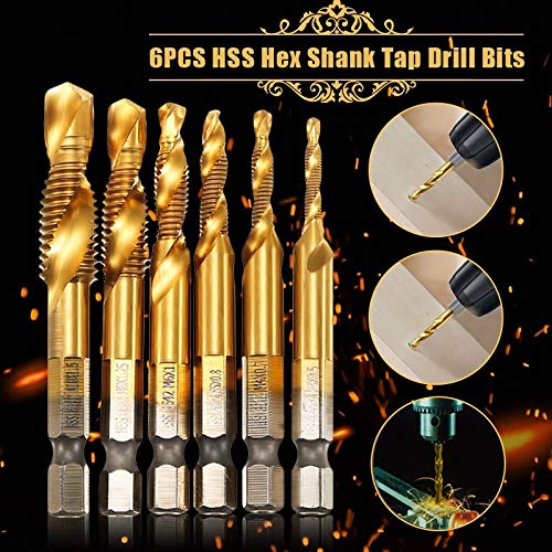 6pcs Drill and Tap, M-etric Thread Tap M3-M10 T-itanium Coated HSS Drill and Tap Bits 1/4" Hex Shank Screw Taps Tool Set