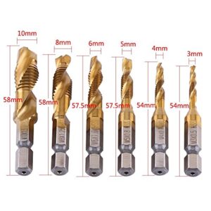 6pcs Drill and Tap, M-etric Thread Tap M3-M10 T-itanium Coated HSS Drill and Tap Bits 1/4" Hex Shank Screw Taps Tool Set