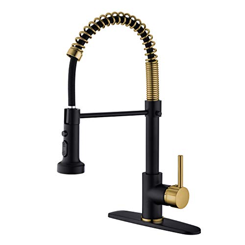 Pirooso Kitchen Sink Faucet, Solid Brass Kitchen Faucet with 3 Function Pull Down Sprayer, Black and Gold Kitchen Faucet