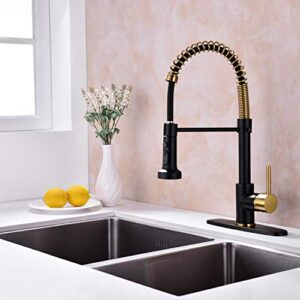 Pirooso Kitchen Sink Faucet, Solid Brass Kitchen Faucet with 3 Function Pull Down Sprayer, Black and Gold Kitchen Faucet