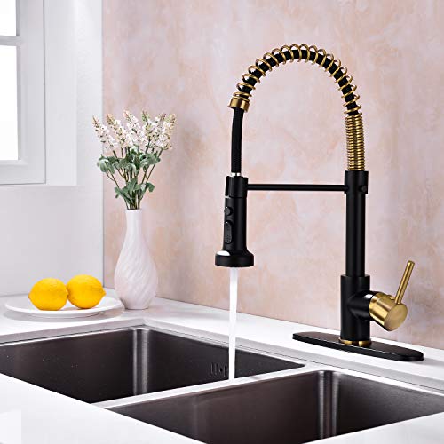 Pirooso Kitchen Sink Faucet, Solid Brass Kitchen Faucet with 3 Function Pull Down Sprayer, Black and Gold Kitchen Faucet