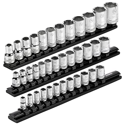 ARES 60053-3-Piece Black Magnetic Socket Organizer Set - Aluminum Rails Store up to 12 Sockets Each and Keep Your Tool Box Organized