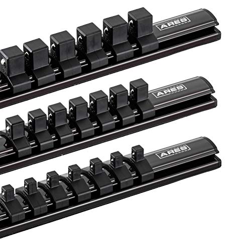 ARES 60053-3-Piece Black Magnetic Socket Organizer Set - Aluminum Rails Store up to 12 Sockets Each and Keep Your Tool Box Organized