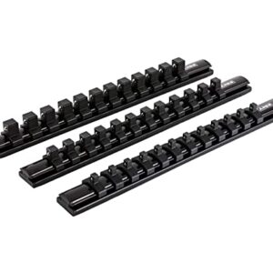 ARES 60053-3-Piece Black Magnetic Socket Organizer Set - Aluminum Rails Store up to 12 Sockets Each and Keep Your Tool Box Organized