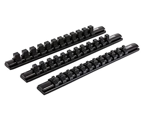 ARES 60053-3-Piece Black Magnetic Socket Organizer Set - Aluminum Rails Store up to 12 Sockets Each and Keep Your Tool Box Organized