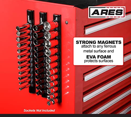 ARES 60053-3-Piece Black Magnetic Socket Organizer Set - Aluminum Rails Store up to 12 Sockets Each and Keep Your Tool Box Organized