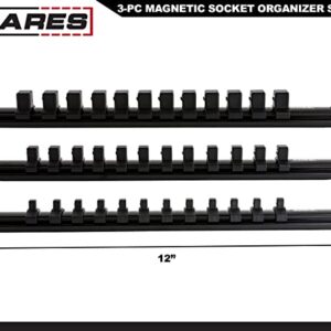 ARES 60053-3-Piece Black Magnetic Socket Organizer Set - Aluminum Rails Store up to 12 Sockets Each and Keep Your Tool Box Organized