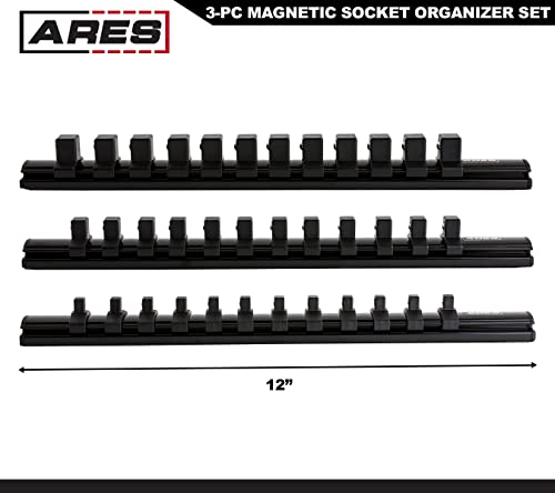 ARES 60053-3-Piece Black Magnetic Socket Organizer Set - Aluminum Rails Store up to 12 Sockets Each and Keep Your Tool Box Organized