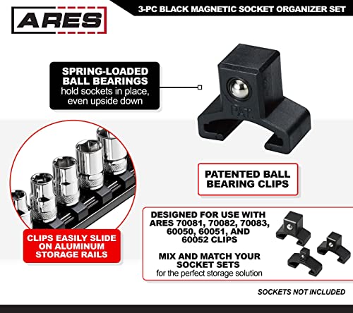 ARES 60053-3-Piece Black Magnetic Socket Organizer Set - Aluminum Rails Store up to 12 Sockets Each and Keep Your Tool Box Organized