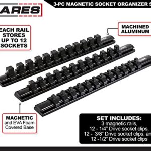 ARES 60053-3-Piece Black Magnetic Socket Organizer Set - Aluminum Rails Store up to 12 Sockets Each and Keep Your Tool Box Organized