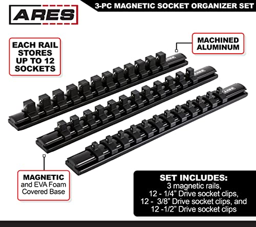 ARES 60053-3-Piece Black Magnetic Socket Organizer Set - Aluminum Rails Store up to 12 Sockets Each and Keep Your Tool Box Organized