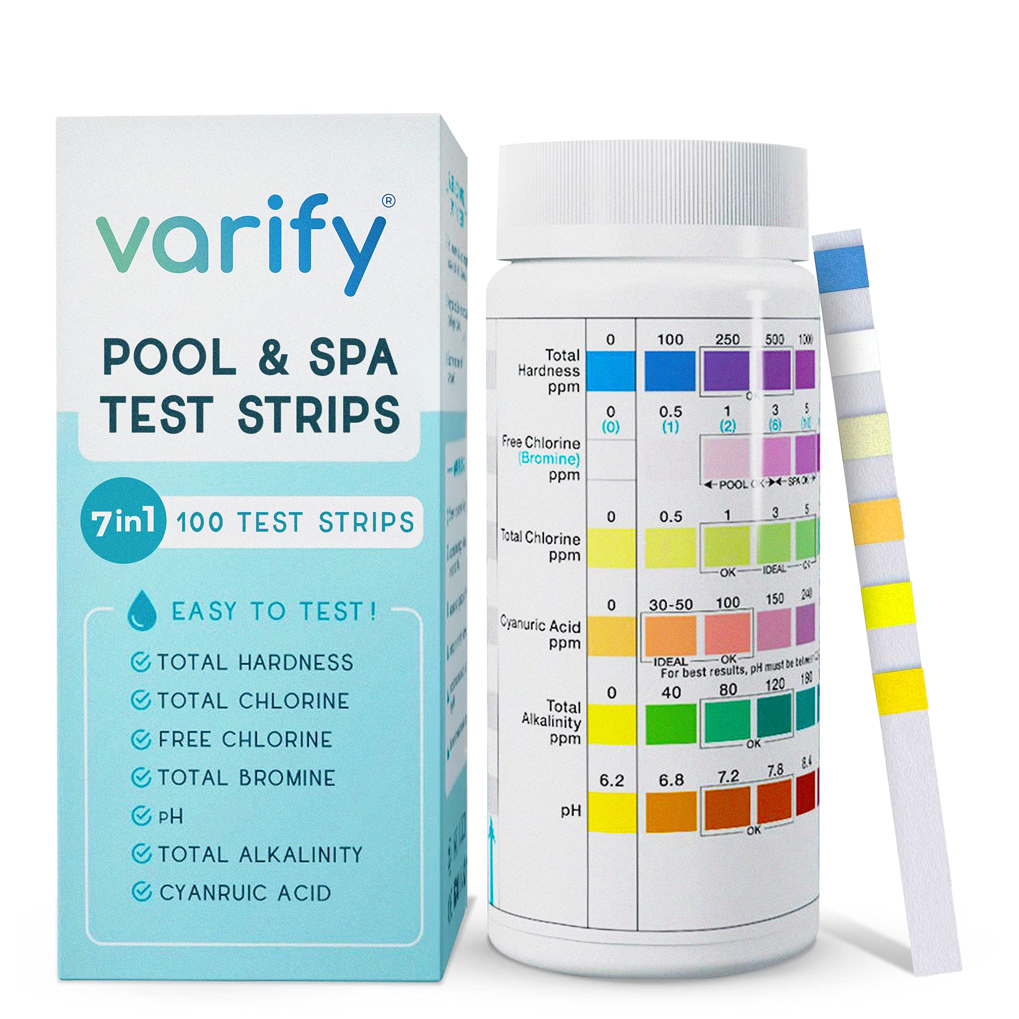 Varify Premium Pool and Spa Test Strips - 7 in 1 Testing Strip for Pools, Spa, Hot Tub & More - Water Quality Testing Kit for Hardness, Chlorine, Bromine, pH, Alkalinity & Cyanuric Acid (100 Strips)