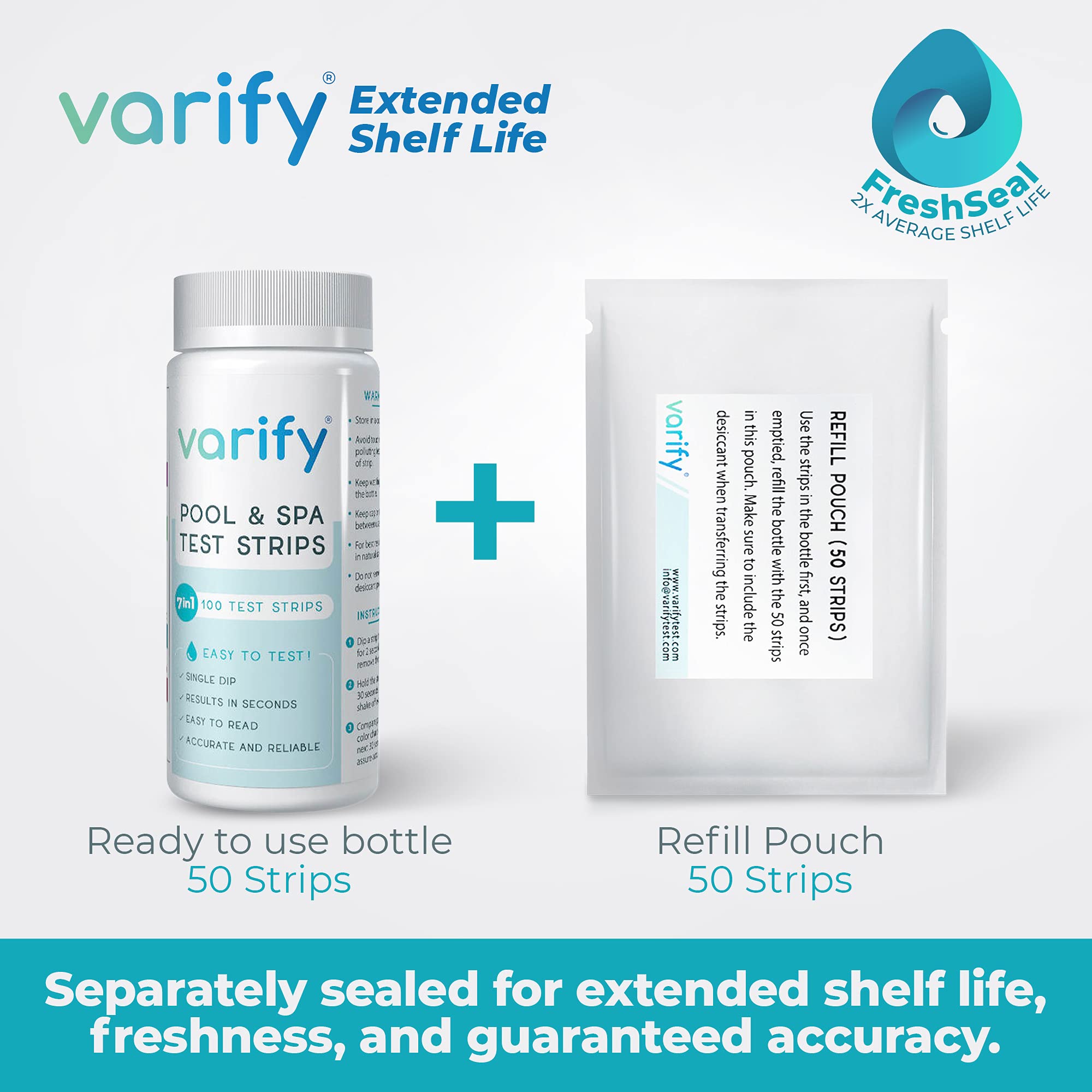 Varify Premium Pool and Spa Test Strips - 7 in 1 Testing Strip for Pools, Spa, Hot Tub & More - Water Quality Testing Kit for Hardness, Chlorine, Bromine, pH, Alkalinity & Cyanuric Acid (100 Strips)