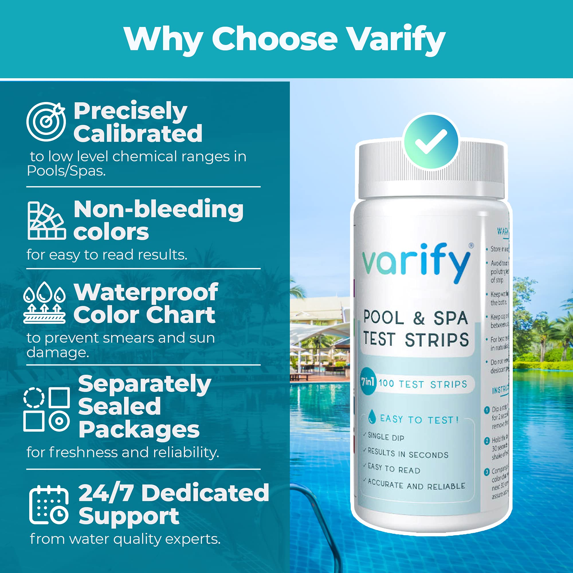 Varify Premium Pool and Spa Test Strips - 7 in 1 Testing Strip for Pools, Spa, Hot Tub & More - Water Quality Testing Kit for Hardness, Chlorine, Bromine, pH, Alkalinity & Cyanuric Acid (100 Strips)