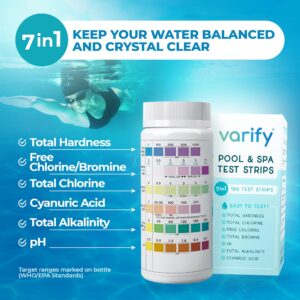 Varify Premium Pool and Spa Test Strips - 7 in 1 Testing Strip for Pools, Spa, Hot Tub & More - Water Quality Testing Kit for Hardness, Chlorine, Bromine, pH, Alkalinity & Cyanuric Acid (100 Strips)