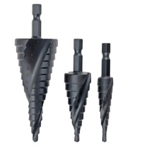 xnrtop set of 3 hss m2 steel spiral groove step drill bit set for stainless steel metal wood hole