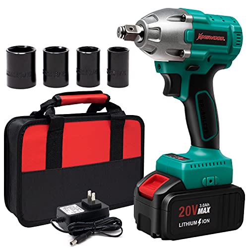 KINSWOOD 20V MAX Cordless Impact Wrench with 1/2" Chuck, Max Torque (320N.m) 4Pcs Drive Impact Sockets,3.0A Li-ion Battery with 1 Hour Fast Charger and Tool Bag