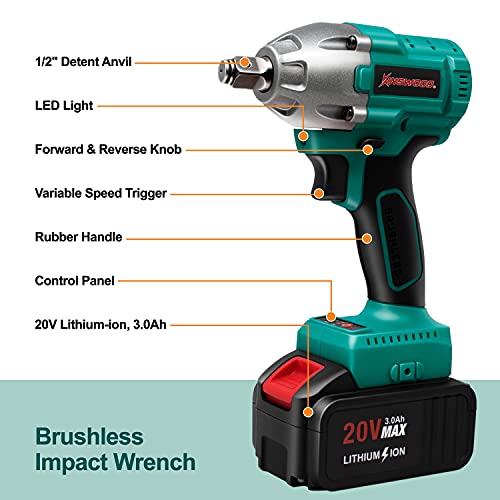 KINSWOOD 20V MAX Cordless Impact Wrench with 1/2" Chuck, Max Torque (320N.m) 4Pcs Drive Impact Sockets,3.0A Li-ion Battery with 1 Hour Fast Charger and Tool Bag