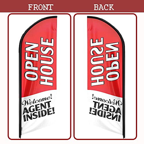 QSUM Open House Signs for Real Estate Agents Large, 11FT Swooper Open House Feather Flag Sign with Flagpole/Stainless Steel Ground Stake/Portable Bag, Open House Banner for Business (Red)