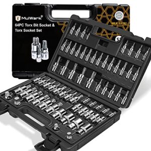 mulwark 64-piece master-torx-automotive-mechanics-tool | 3/8, 1/4, 1/2 in. drive torx bit socket and external torx socket set w./ impact adapter and reducer | s2 and cr-v steel