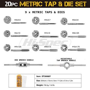 Hi-Spec 20 Piece Metric Tap & Die Set - Complete M3 to M12 Fine & Coarse Tools to Cut, Chase and Thread with Wrench Accessories in a Tray Case