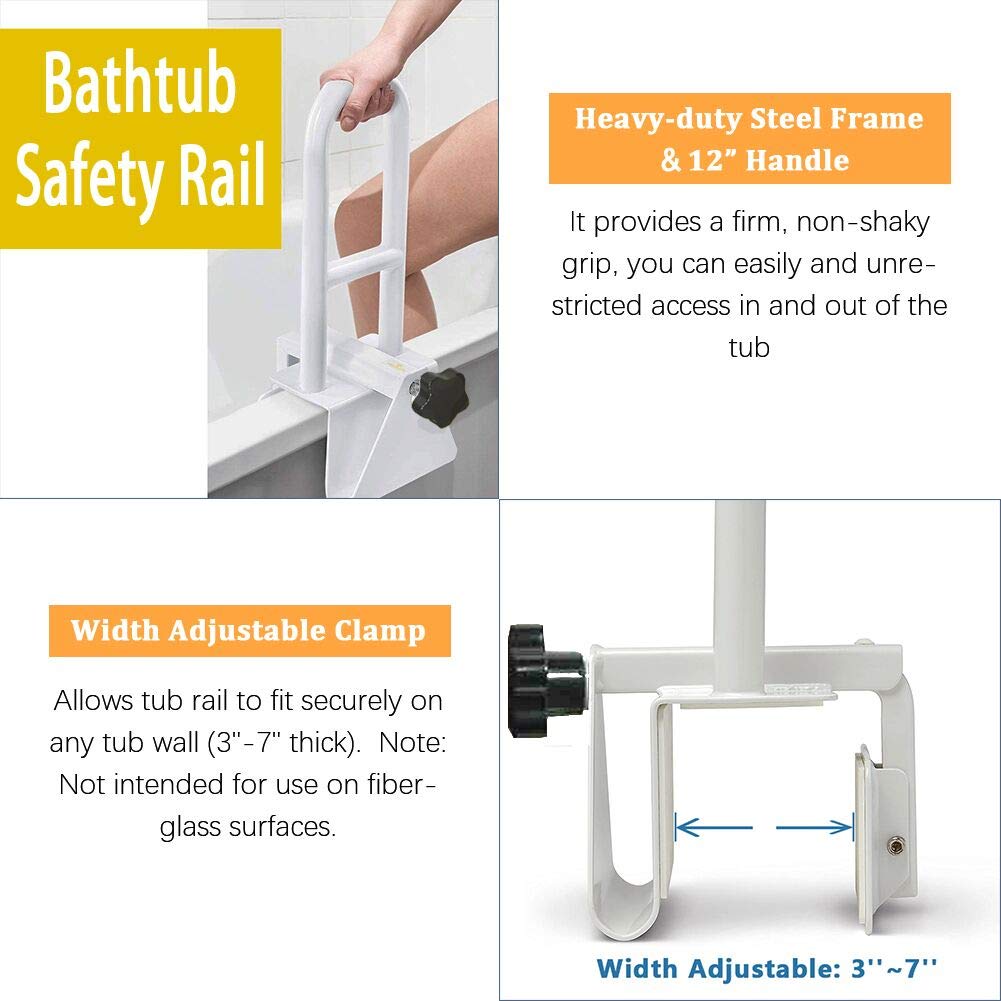 MOASKER Bathtub Safety Rail,White Bathtub Rail Clamp Railing Bath Support Adjustable Shower Hand Grip Handle Assist Grab Bar