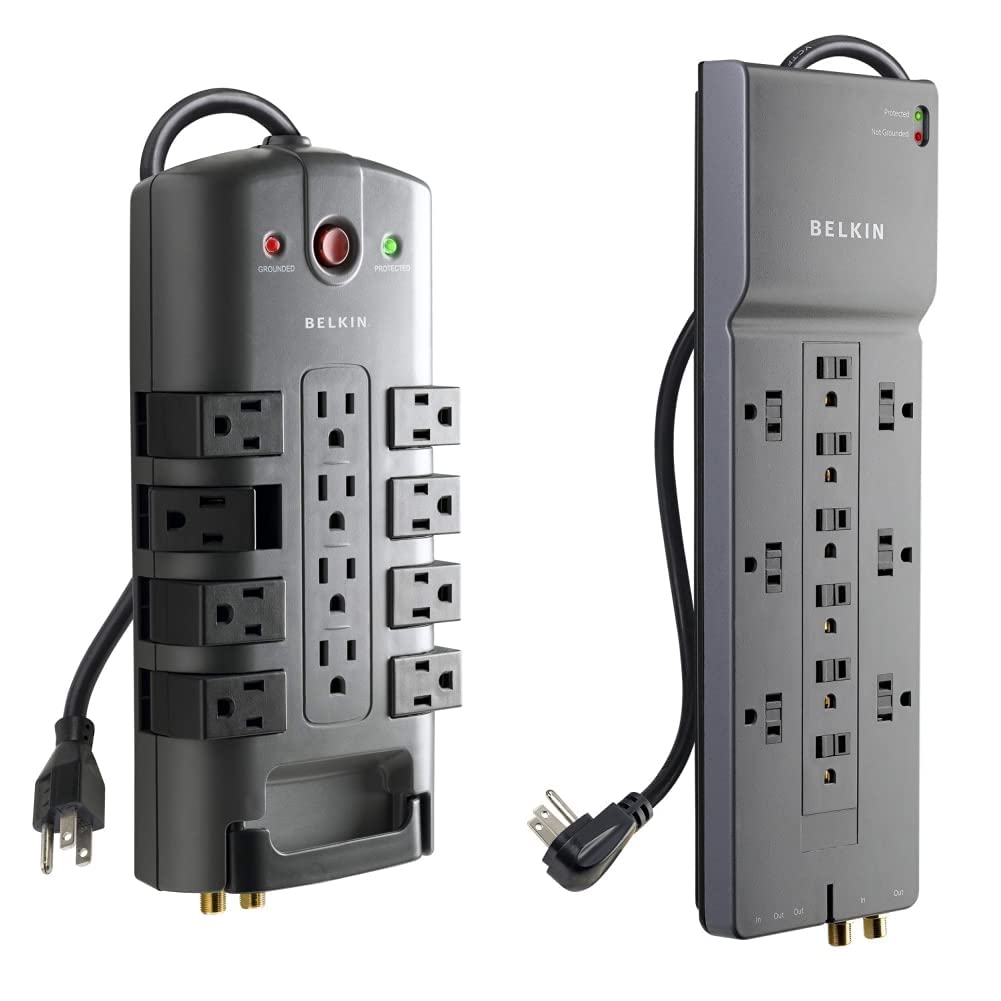 Belkin 12-Outlet Pivot-Plug Power Strip Surge Protector w/ 8ft Cord (4,320 Joules) & 12-Outlet Power Strip Surge Protector w/ 8ft Cord (3,940 Joules), Gray