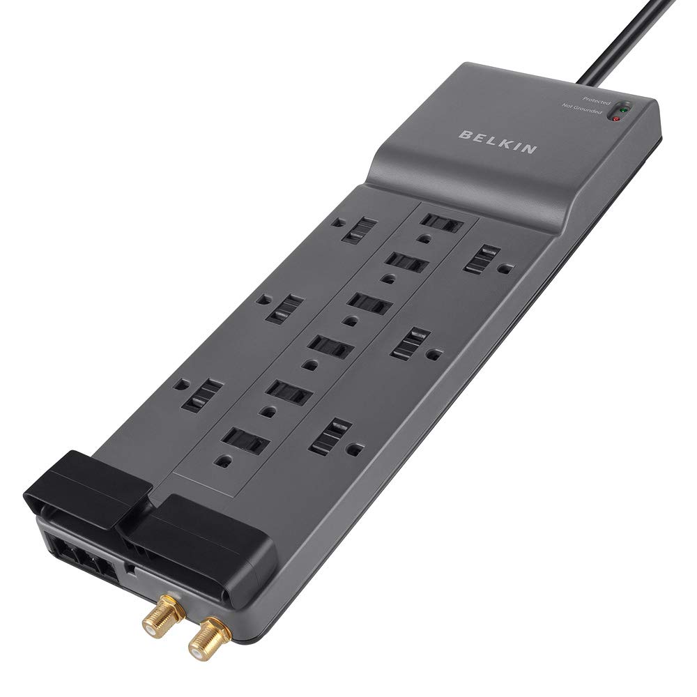 Belkin 12-Outlet Pivot-Plug Power Strip Surge Protector w/ 8ft Cord (4,320 Joules) & 12-Outlet Power Strip Surge Protector w/ 8ft Cord (3,940 Joules), Gray