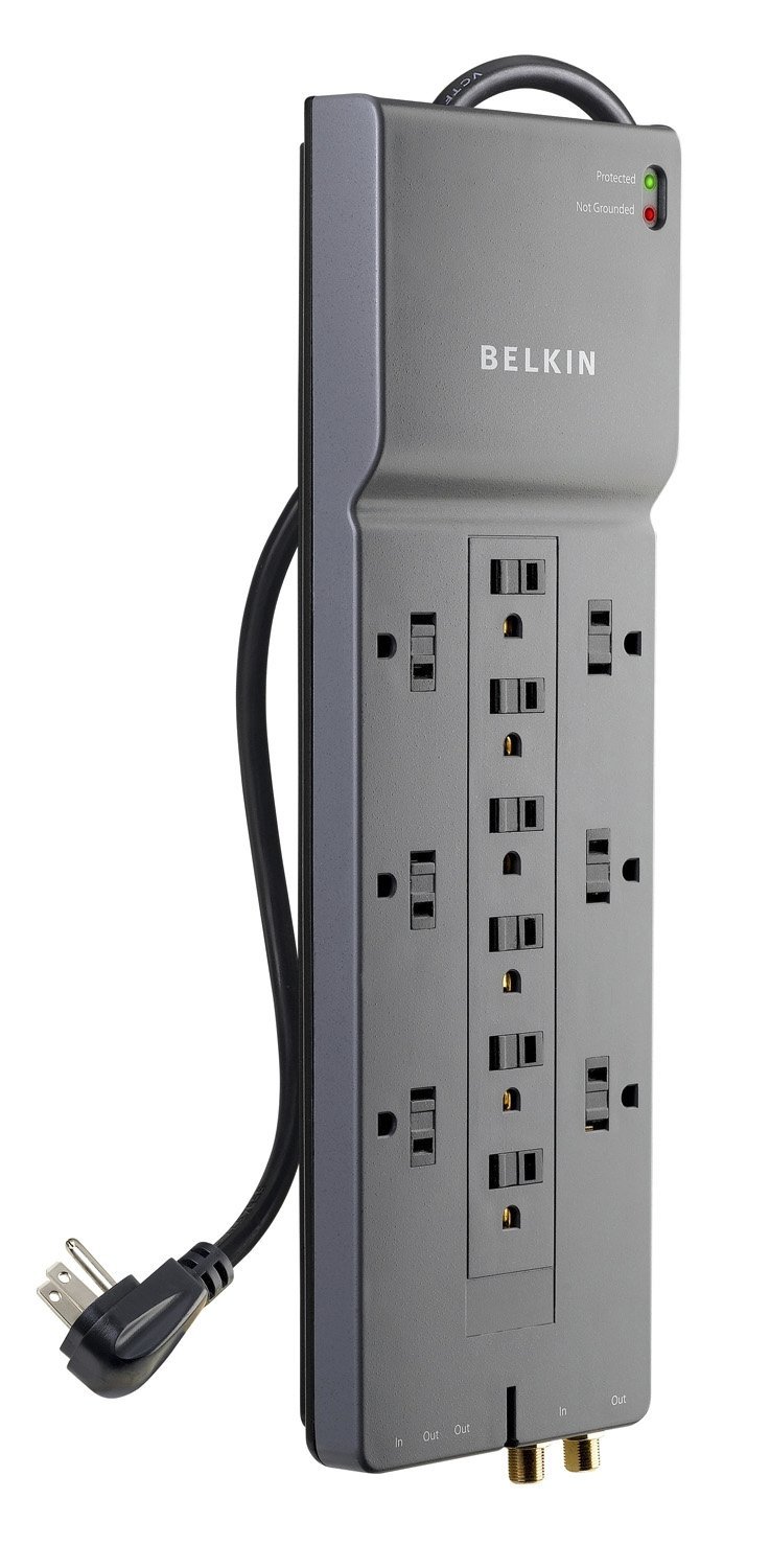 Belkin 12-Outlet Pivot-Plug Power Strip Surge Protector w/ 8ft Cord (4,320 Joules) & 12-Outlet Power Strip Surge Protector w/ 8ft Cord (3,940 Joules), Gray