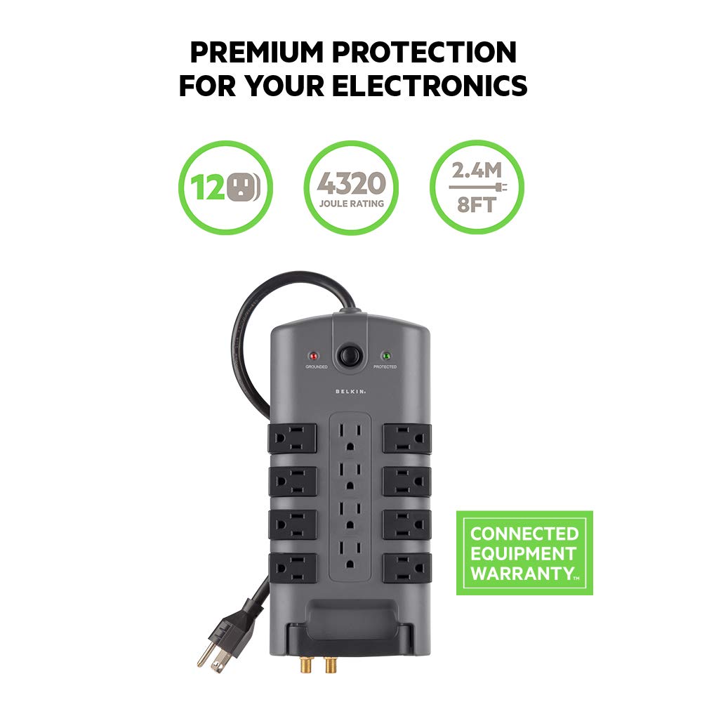 Belkin 12-Outlet Pivot-Plug Power Strip Surge Protector w/ 8ft Cord (4,320 Joules) & 12-Outlet Power Strip Surge Protector w/ 8ft Cord (3,940 Joules), Gray